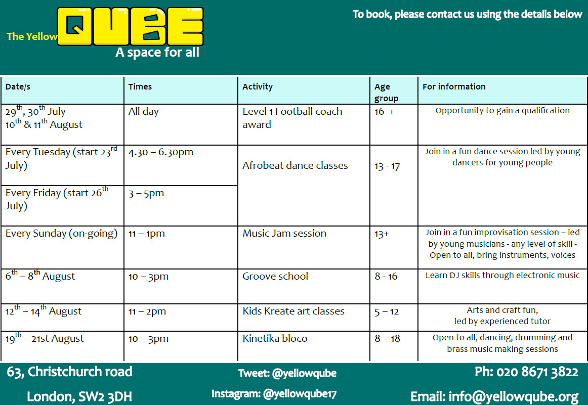 Summer Holiday events at the YellowQube – St Martins TRA